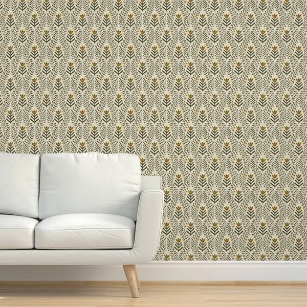 Spoonflower Small Scandi Flower Vanilla With Pecan And Deep 100% Natural Sisal Grasscloth Wallcovering