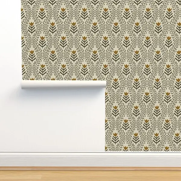 Spoonflower Small Scandi Flower Vanilla With Pecan And Deep 100% Natural Sisal Grasscloth Wallcovering