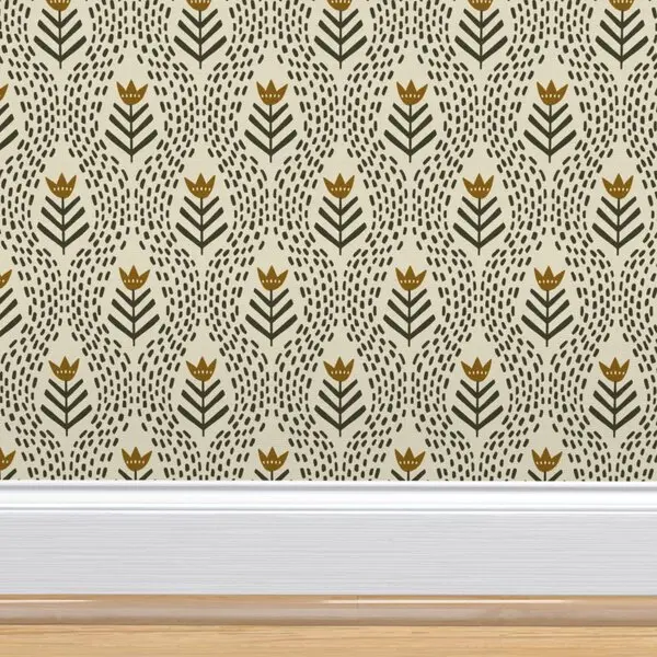 Spoonflower Small Scandi Flower Vanilla With Pecan And Deep 100% Natural Sisal Grasscloth Wallcovering