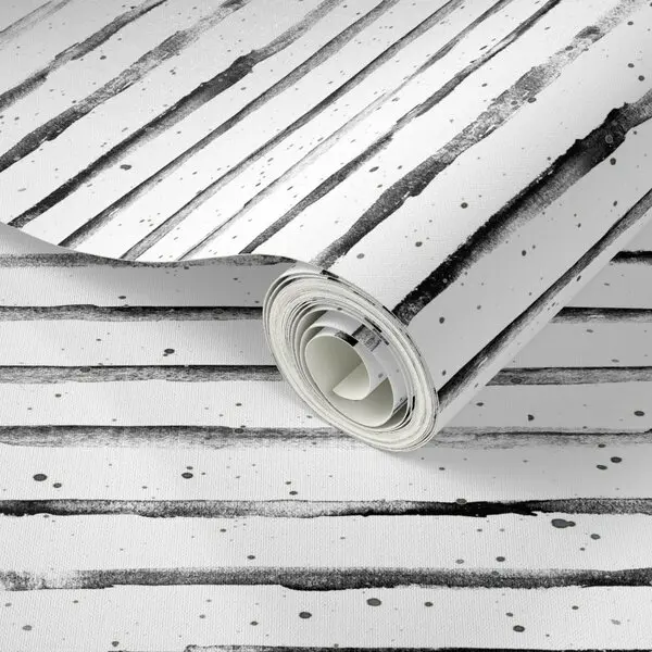 Spoonflower Black White Abstract Stripes Watercolor Monochrome Custom Removable Wallpaper - Black,white,gray