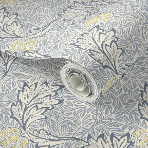 Spoonflower Floral Victorian Apple Blue And White Morris Arts Traditional Wallpaper - Gray,blue,green
