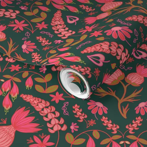Spoonflower Wildflower Folk Floral Green Large Pink Leaf Custom Pre-pasted Wallpaper - Pink,green,red