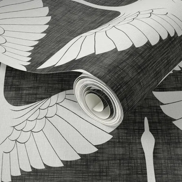 Spoonflower Birds Japanese Art Deco Illustration Cranes Custom Pre-pasted Wallpaper - Gray