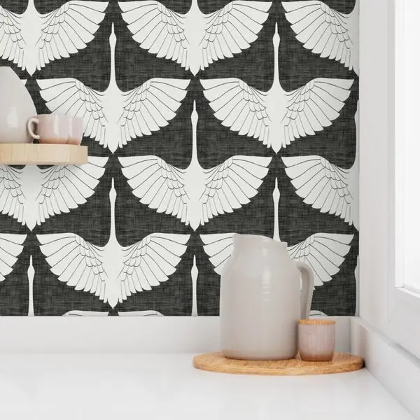 Spoonflower Birds Japanese Art Deco Illustration Cranes Custom Pre-pasted Wallpaper