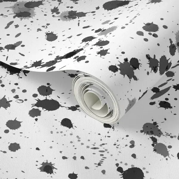 Spoonflower Ink Splatter Paint Spots Dots Splash Black White Custom Pre-pasted Wallpaper - White,black,gray