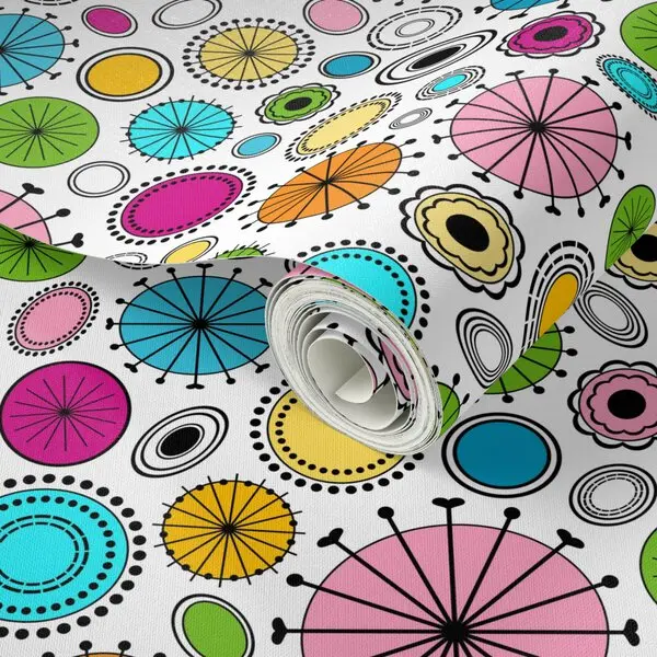 Spoonflower Pink Green Blue Yellow Orange Colorful Funky Custom Pre-pasted Wallpaper - Pink,teal,yellow
