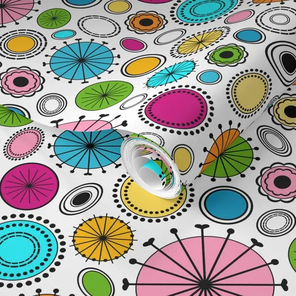 Spoonflower Pink Green Blue Yellow Orange Colorful Funky Traditional Wallpaper - Pink,teal,yellow