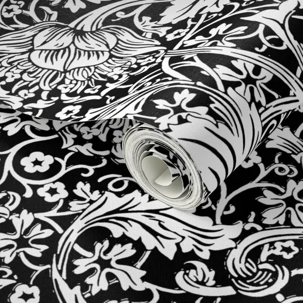 Spoonflower Black White Floral Victorian Damask Arts Traditional Wallpaper - Black,white,gray