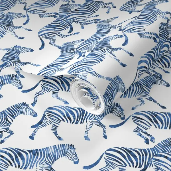 Spoonflower Watercolor Zebra Animal Trend Blue Painted Look Custom Removable Wallpaper - Blue,white,gray