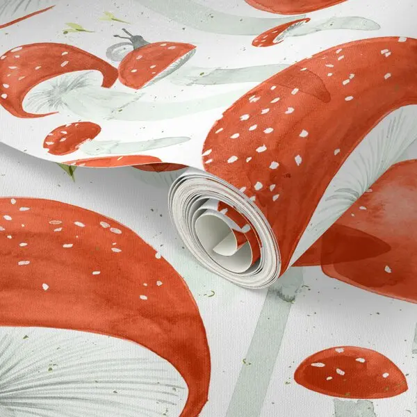 Spoonflower Whimsical Watercolor Fruits Mushroom Red White Custom Removable Wallpaper - Red,gray,pink