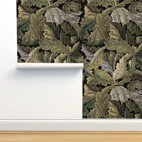 Spoonflower Acanthus In Olive Grove 100% Natural Sisal Grasscloth Wallcovering
