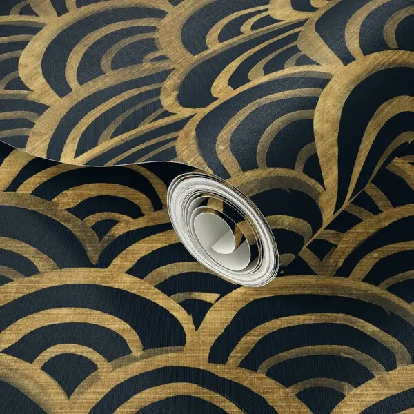 Spoonflower Deco Scales Gold Black Vintage 1920s Custom Pre-pasted Wallpaper - Black,gold,gray