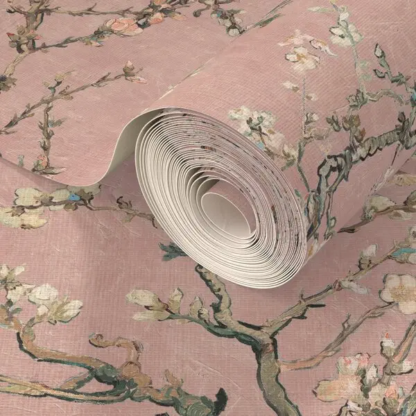 Spoonflower Vincent Van Gogh Almond Blossom In Old Rose Pink 100% Natural Sisal Grasscloth Wallcovering - Green,white