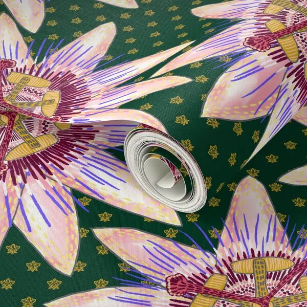 Spoonflower Royal Passionflower Green Flowers Victorian Exotic Custom Removable Wallpaper - Green,gray,pink