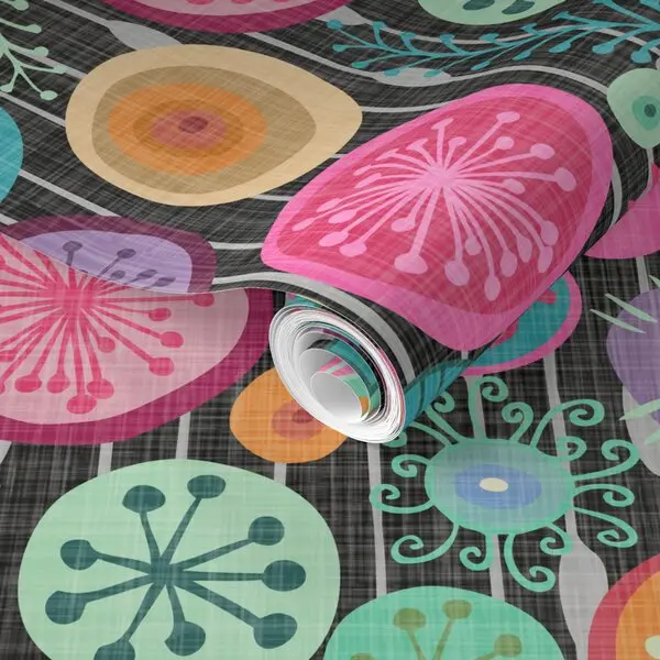 Spoonflower Mod Circles Multicolor Pink Green Blue Turquoise Custom Pre-pasted Wallpaper - Pink,gray,teal