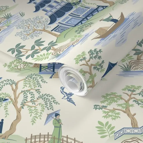 Spoonflower Asian Kimono Blue And White Fishing Chinoiserie Custom Pre-pasted Wallpaper - Green,blue