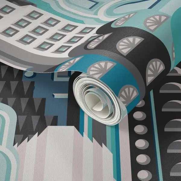 Spoonflower Deco Blue Cyan City Art Architecture Modern Custom Removable Wallpaper - Blue,gray,teal