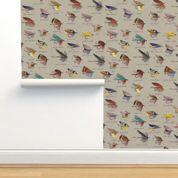Spoonflower Trout Tan Sports Fly Fishing Masculine Recreation 100% Natural Sisal Grasscloth Wallcovering - Blue,pink,gray
