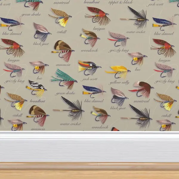 Spoonflower Trout Tan Sports Fly Fishing Masculine Recreation 100% Natural Sisal Grasscloth Wallcovering - Blue,pink,gray