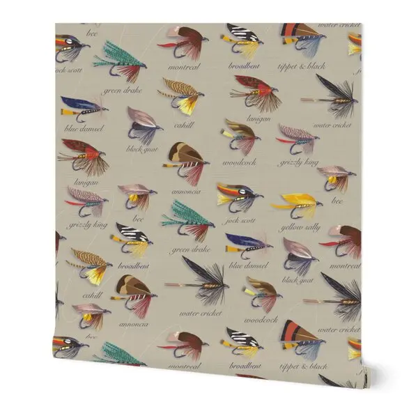 Spoonflower Trout Tan Sports Fly Fishing Masculine Recreation 100% Natural Sisal Grasscloth Wallcovering - Blue,pink,gray