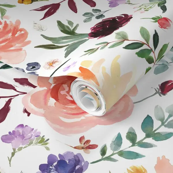 Spoonflower Floral Pink Autumn Watercolor Fall Orange Custom Pre-pasted Wallpaper - Pink,gray,red