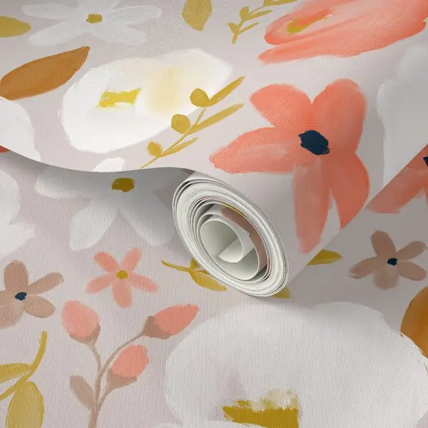 Spoonflower Flower White Floral Modern Gold Taupe Rust Custom Removable Wallpaper - Pink,white,orange