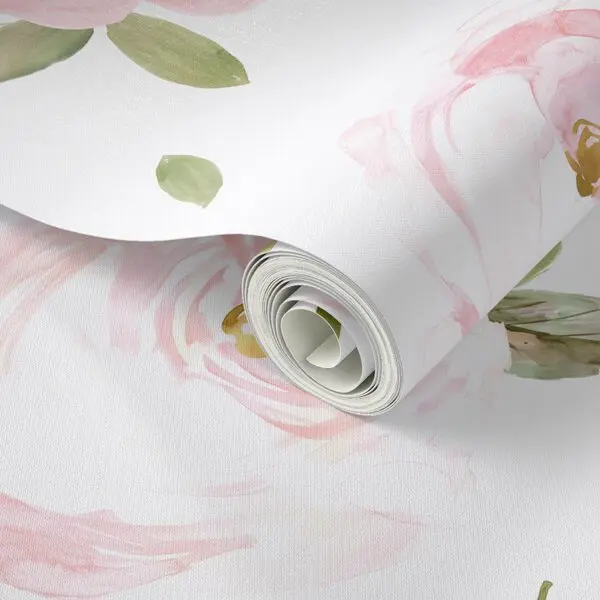 Spoonflower Blush Floral Olive Leaves Pink Pastel Rose Roses Custom Pre-pasted Wallpaper - Pink,white,green