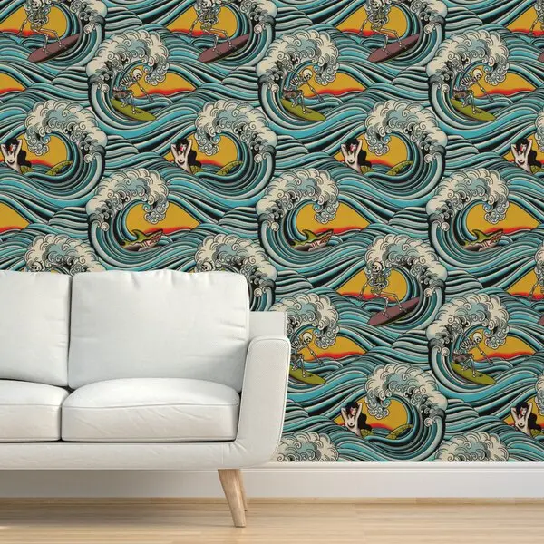 Spoonflower Tattoo Waves 100% Natural Sisal Grasscloth Wallcovering
