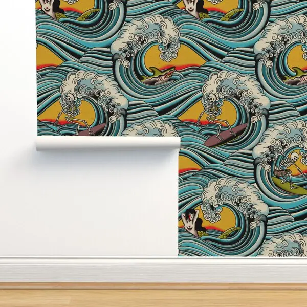 Spoonflower Tattoo Waves 100% Natural Sisal Grasscloth Wallcovering