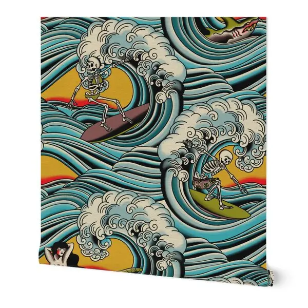 Spoonflower Tattoo Waves 100% Natural Sisal Grasscloth Wallcovering