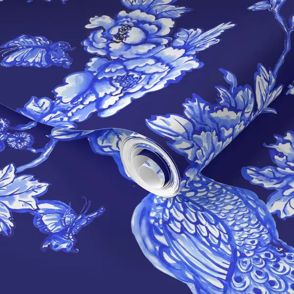 Spoonflower Flowers Butterflies Floral Chinese China Peacock Traditional Wallpaper - Blue,purple