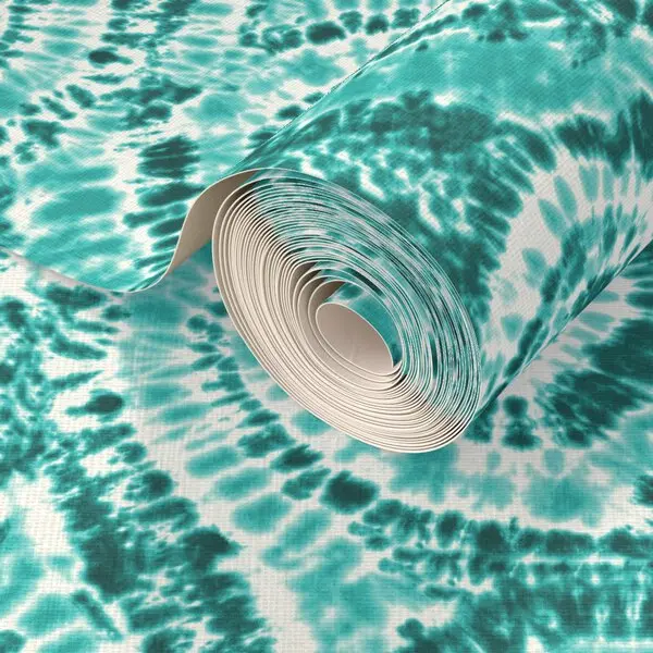 Spoonflower Teal Hippie Swirl Dye Tie Boho Aqua Waves Hippy 100% Natural Sisal Grasscloth Wallcovering - Blue,green,teal