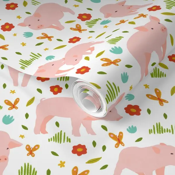 Spoonflower Pigs Butterflies Grass On White Custom Pre-pasted Wallpaper - White,brown,green