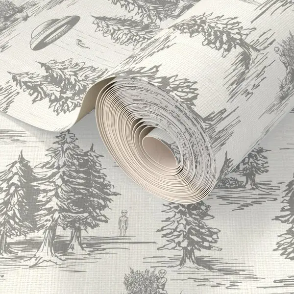 Spoonflower Small Scale & White Alien Abduction Toile De Jouy 100% Natural Sisal Grasscloth Wallcovering - Gray,grey