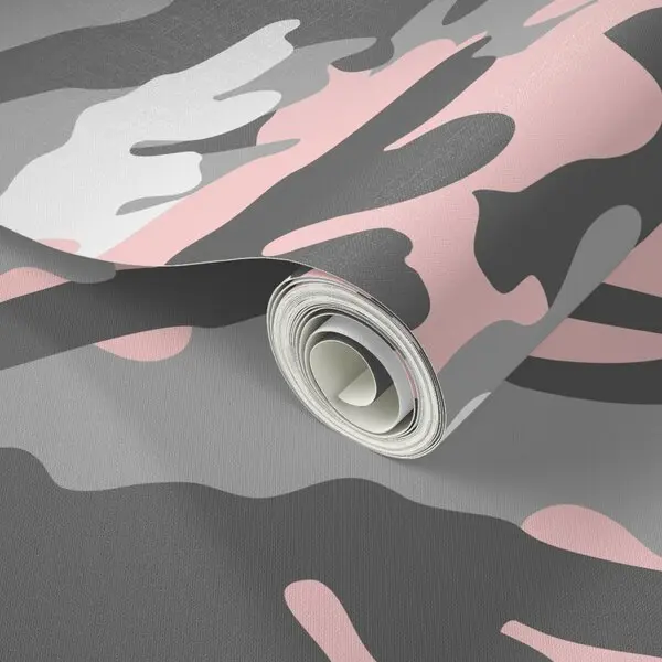 Spoonflower Pink Gray Camouflage Camo Little Lady Coordinate Custom Removable Wallpaper - Gray,pink,black