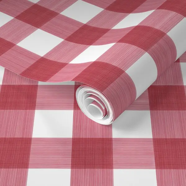Spoonflower Buffalo Plaid Check Gingham Country Classic Custom Removable Wallpaper - Pink,gray,red