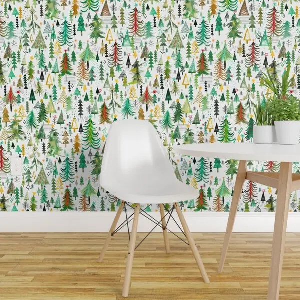 Spoonflower Forest Woodland Trees Winter Christmas Watercolor Custom Pre-pasted Wallpaper - Green