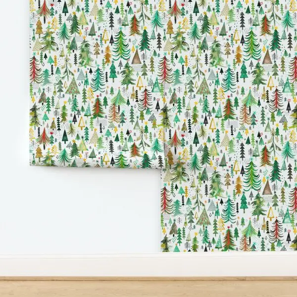 Spoonflower Forest Woodland Trees Winter Christmas Watercolor Custom Pre-pasted Wallpaper - Green