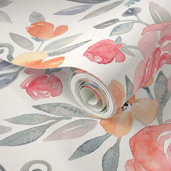Spoonflower Floral Pink Peach Watercolor Cream Large Bouquet Custom Removable Wallpaper - Pink,orange,gray