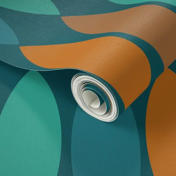 Spoonflower Brown Mod Leaves Orange Teal Mid Century Modern Custom Pre-pasted Wallpaper - Brown,green,blue