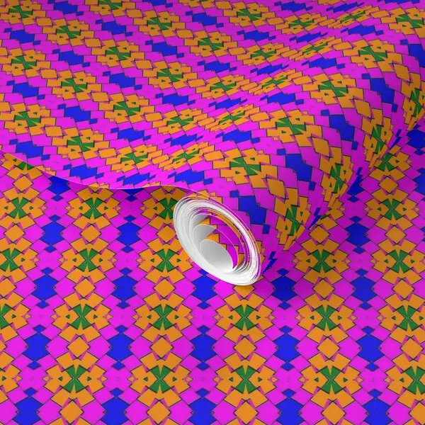 Spoonflower Pink Diamonds Green Bright Purple Orange Geometric Custom Pre-pasted Wallpaper - Blue,pink,brown