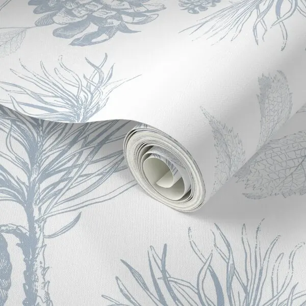 Spoonflower Winter Woodland Pine Branches Blue And White Muted Custom Removable Wallpaper - Blue,white,gray