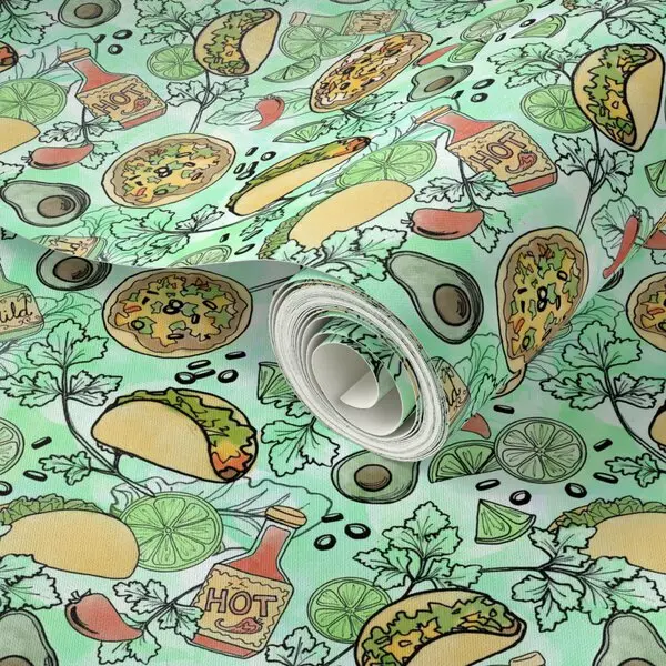 Spoonflower Taco And Burritos Tostada Avocado Hot Sauce Limes Custom Pre-pasted Wallpaper - Green,yellow,mint