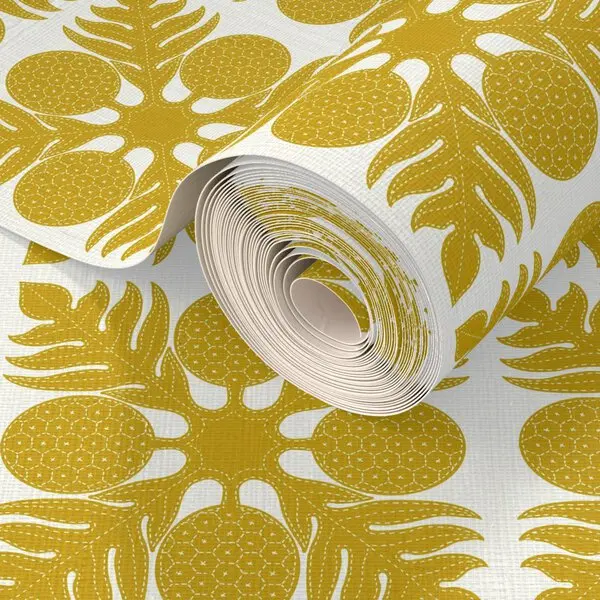 Spoonflower Ulu Mustard On White 100% Natural Sisal Grasscloth Wallcovering - Yellow,white