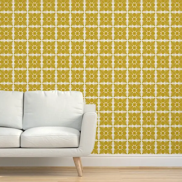 Spoonflower Ulu Mustard On White 100% Natural Sisal Grasscloth Wallcovering
