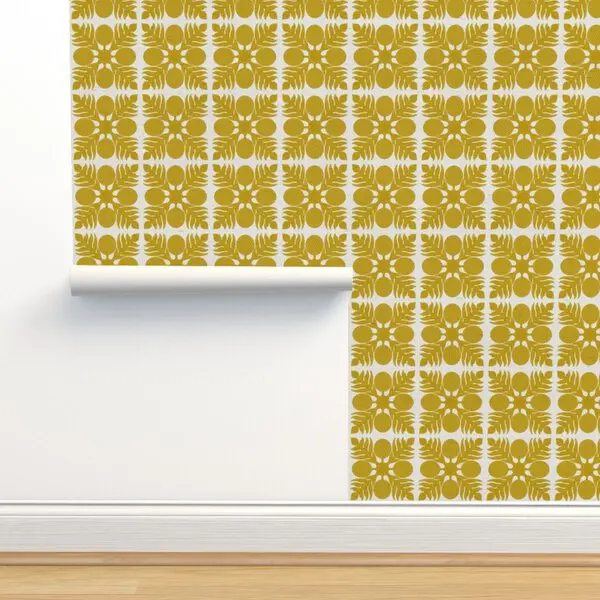 Spoonflower Ulu Mustard On White 100% Natural Sisal Grasscloth Wallcovering