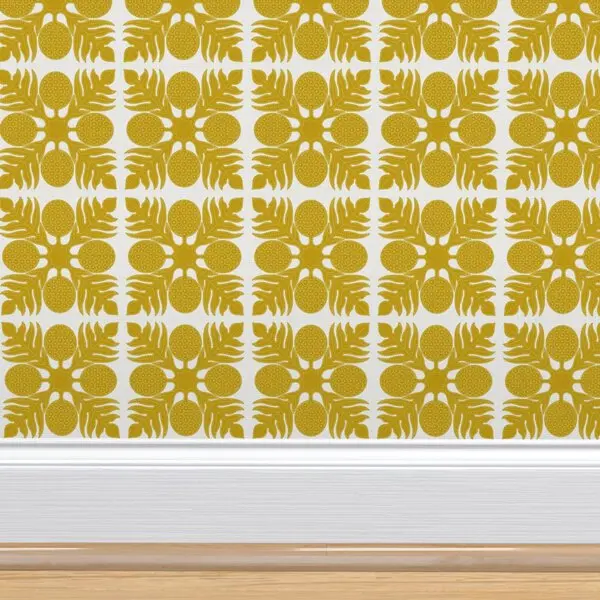 Spoonflower Ulu Mustard On White 100% Natural Sisal Grasscloth Wallcovering