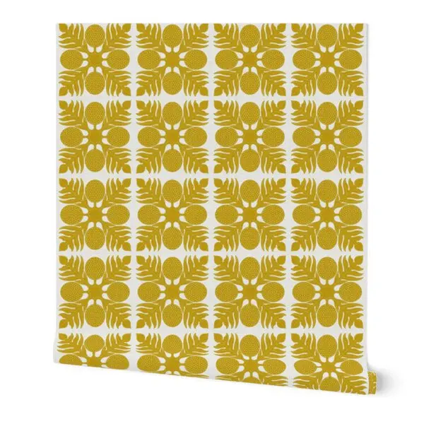 Spoonflower Ulu Mustard On White 100% Natural Sisal Grasscloth Wallcovering
