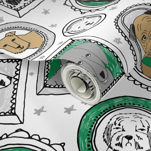 Spoonflower Dog Dogs Portrait Breed Mom Pets Custom Pre-pasted Wallpaper - Gray,green