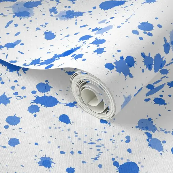 Spoonflower Cobalt Blue Splatter Paint Spots Dots Splash White Custom Pre-pasted Wallpaper - Blue,white,gray